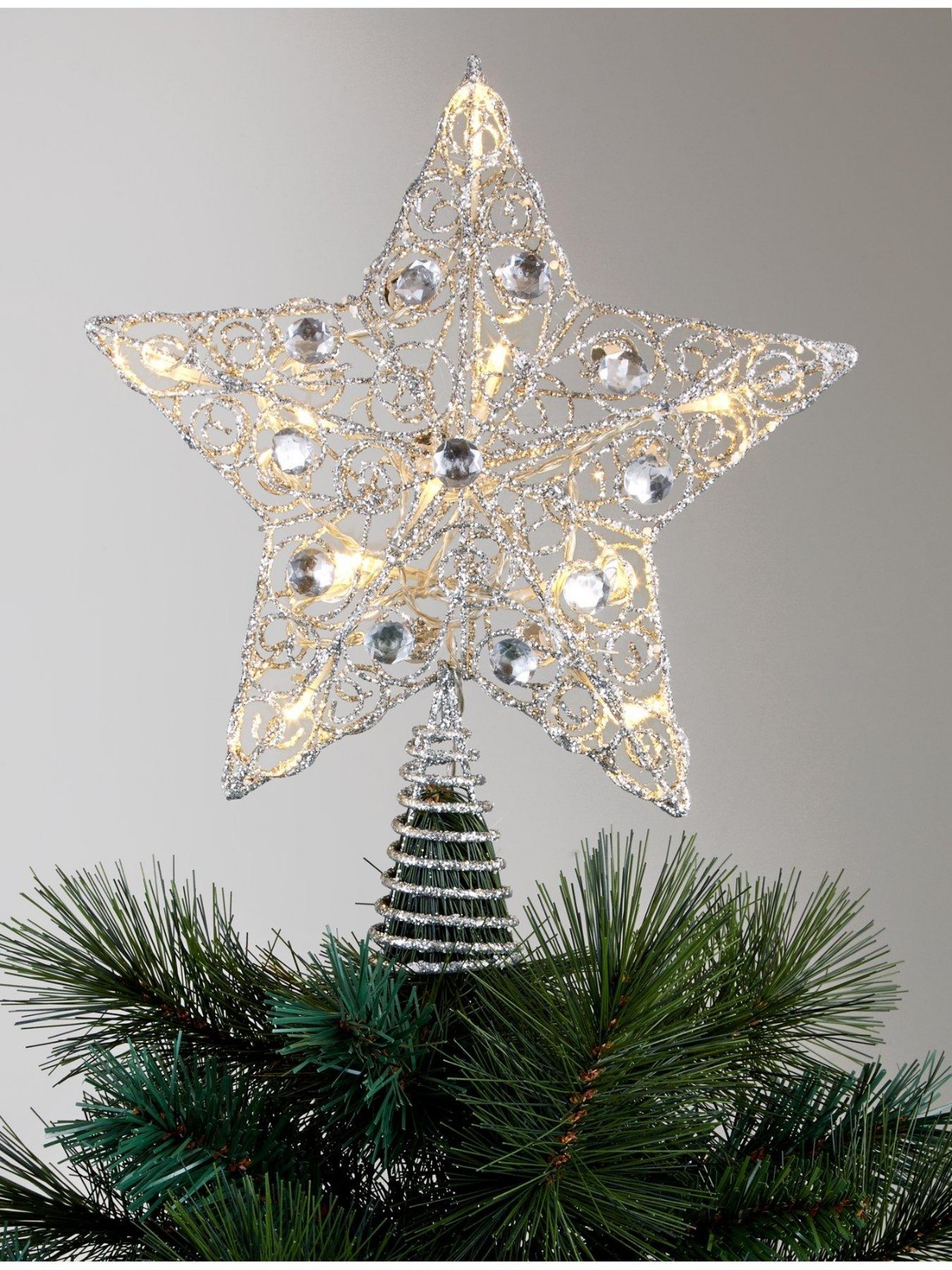 Silver Star Light Up Christmas Tree Topper Warm White LED Lights ...