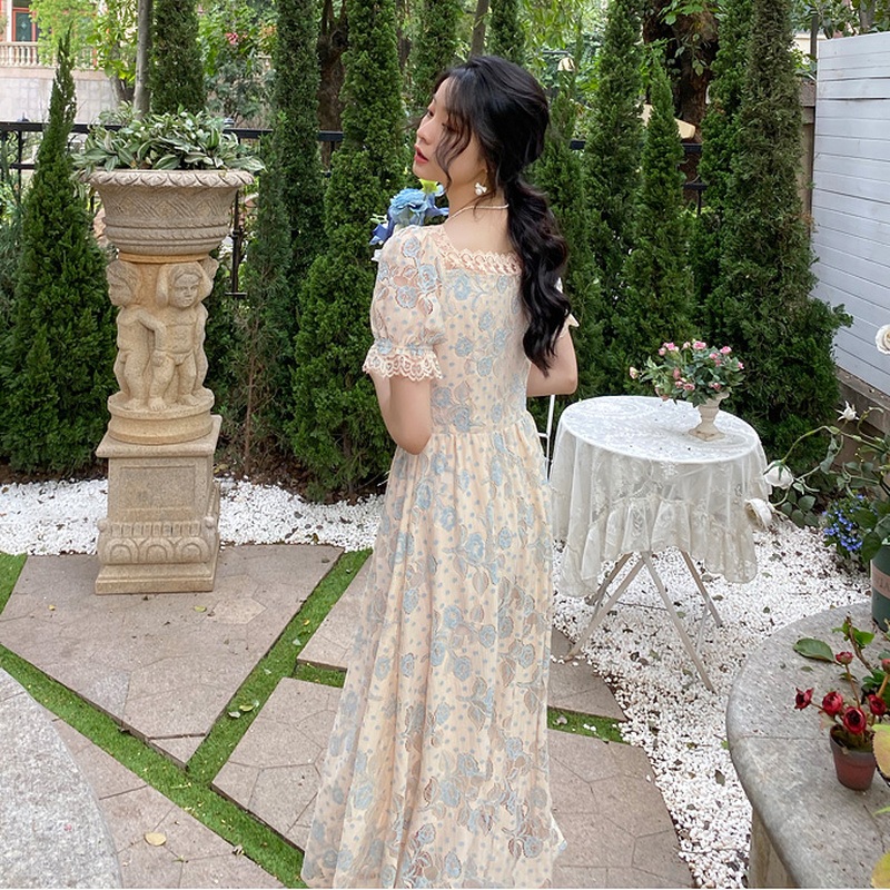 Lady Floral Rose Tea Dress Lace Puff Short Sleeve Ruffle Retro ...