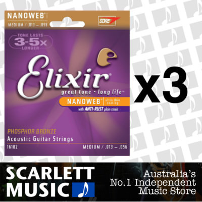 3x Elixir 16102 Acoustic Guitar Strings Nanoweb Medium 13-56 Phosphor ...