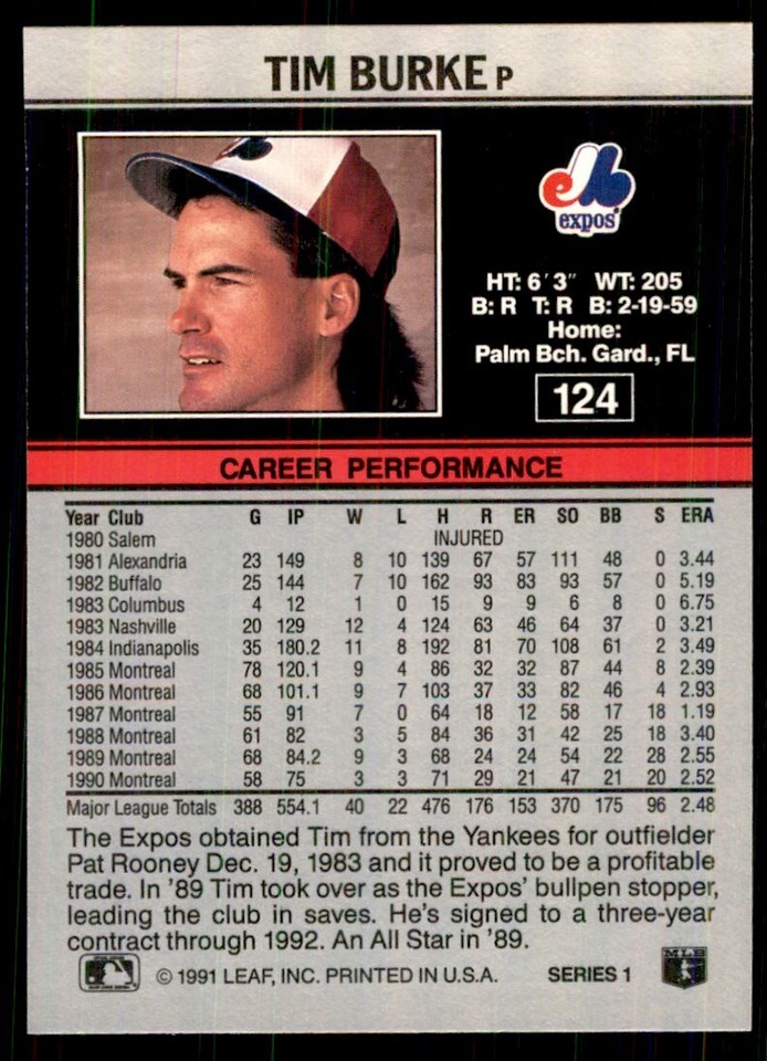 1991 Leaf Tim Burke Baseball Cards #124 | eBay