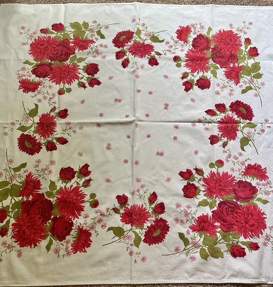 Vintage Cotton TABLECLOTH Victorian Red Chrysanthemums & Roses Floral ...