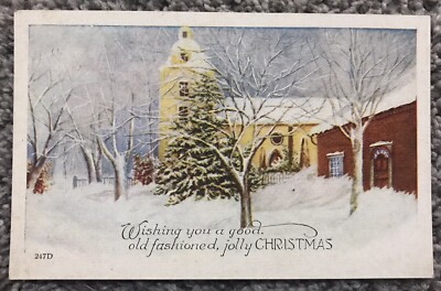 Vintage Good Old Fashioned Jolly Christmas Postcard Church Snow Scene ...