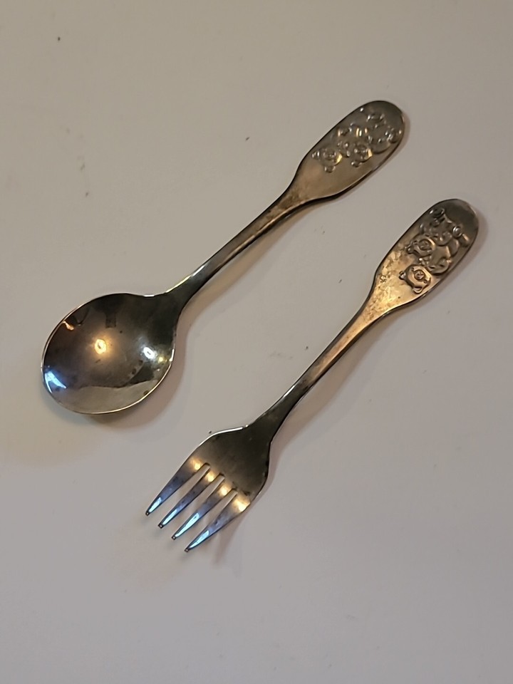 Feeding Set Vtg Silver Plated Metal Baby Infant Teddy Bear Bowl Cup ...