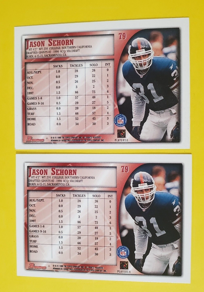 (2) 1998 Bowman #79 Jason Sehorn Football Cards (New York Giants) | eBay