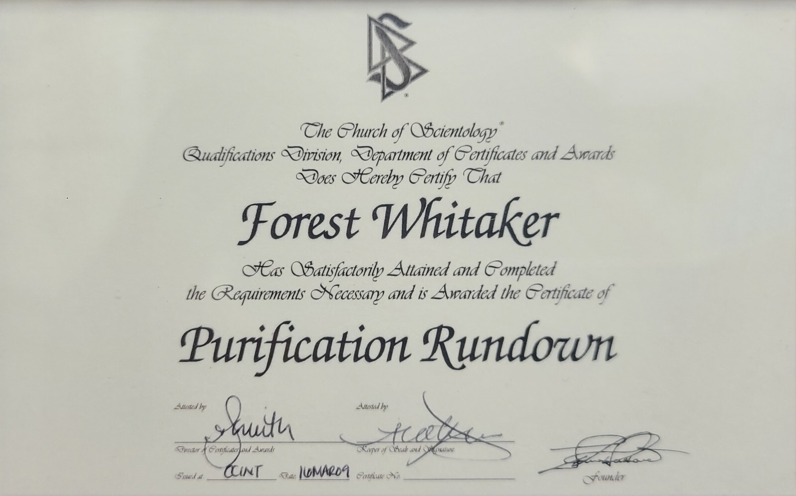 Forest Whitaker Scientology Certificate Purification Rundown Signed ...