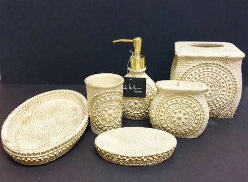 NEW NICOLE MILLER 6 PC SET BEIGE GOLD RESIN SOAP DISPENSER+DISH+TUMBLER ...