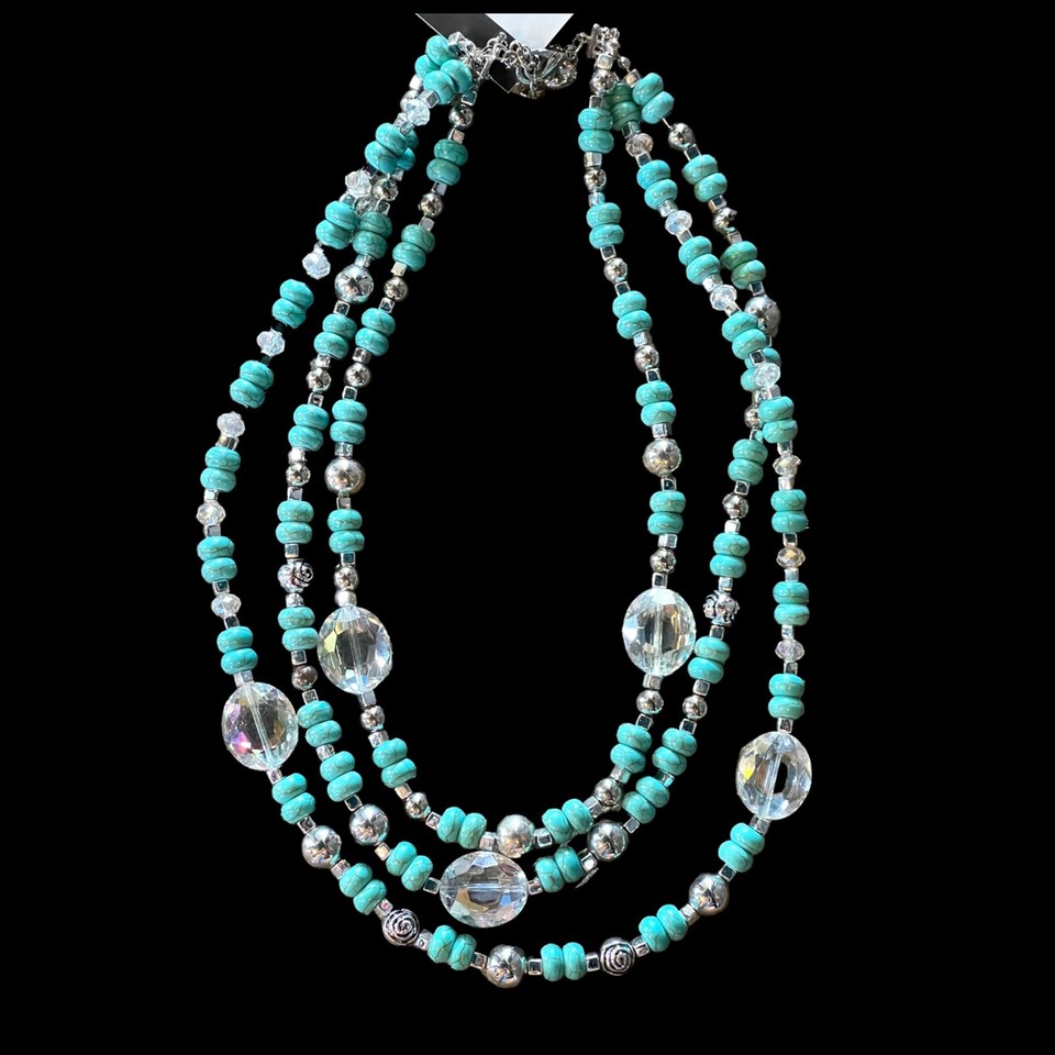 3 Strand Crystal Stone Turquoise Green Mint Silver Layered Necklace Set ...