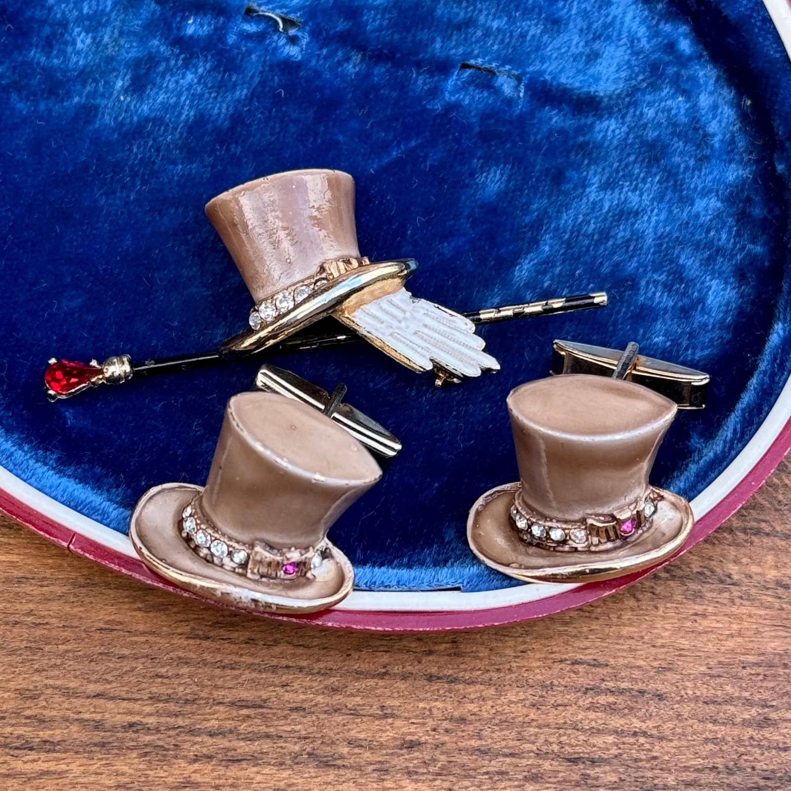 Vintage BSK My Fair Lady Rhinestone Top Hat Pin & Cuff Links Rhinestone ...