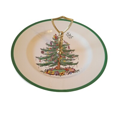 SPODE CHRISTMAS TREE COOKIE Plate SANTA TIDBIT TRAY Removeable METAL ...