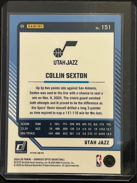 2024-25 Panini Donruss Optic - Collin Sexton #151 Blue Velocity Prizm ...