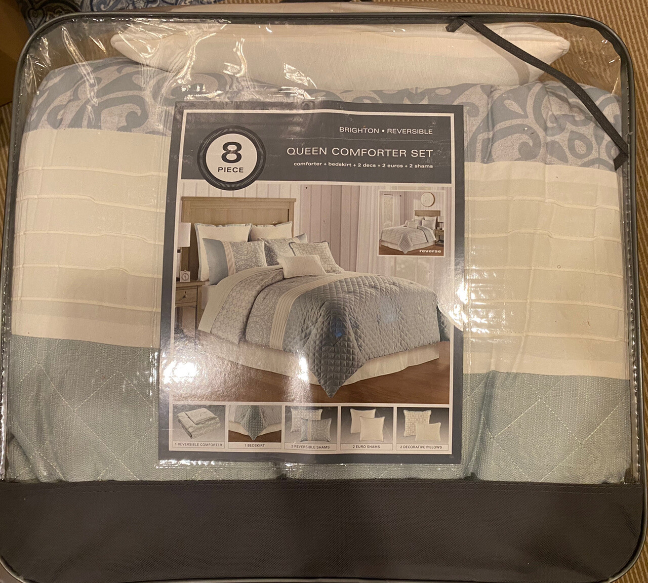 Sunham Home Fashions 8 piece Brighton Comforter Set Queen Teal White | eBay