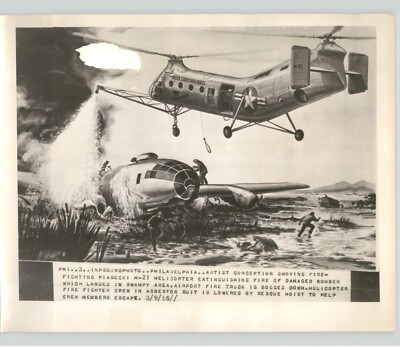 Artist Drawing FIREFIGHTER Chopper Aids Crashed Plane VINTAGE 1955 ...
