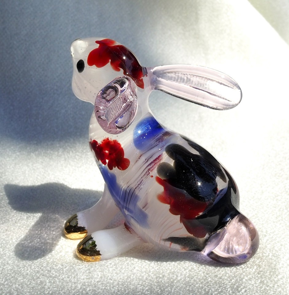 White Blue Maroon Rabbit Bunny figurine hand blown glass figure 3 ...