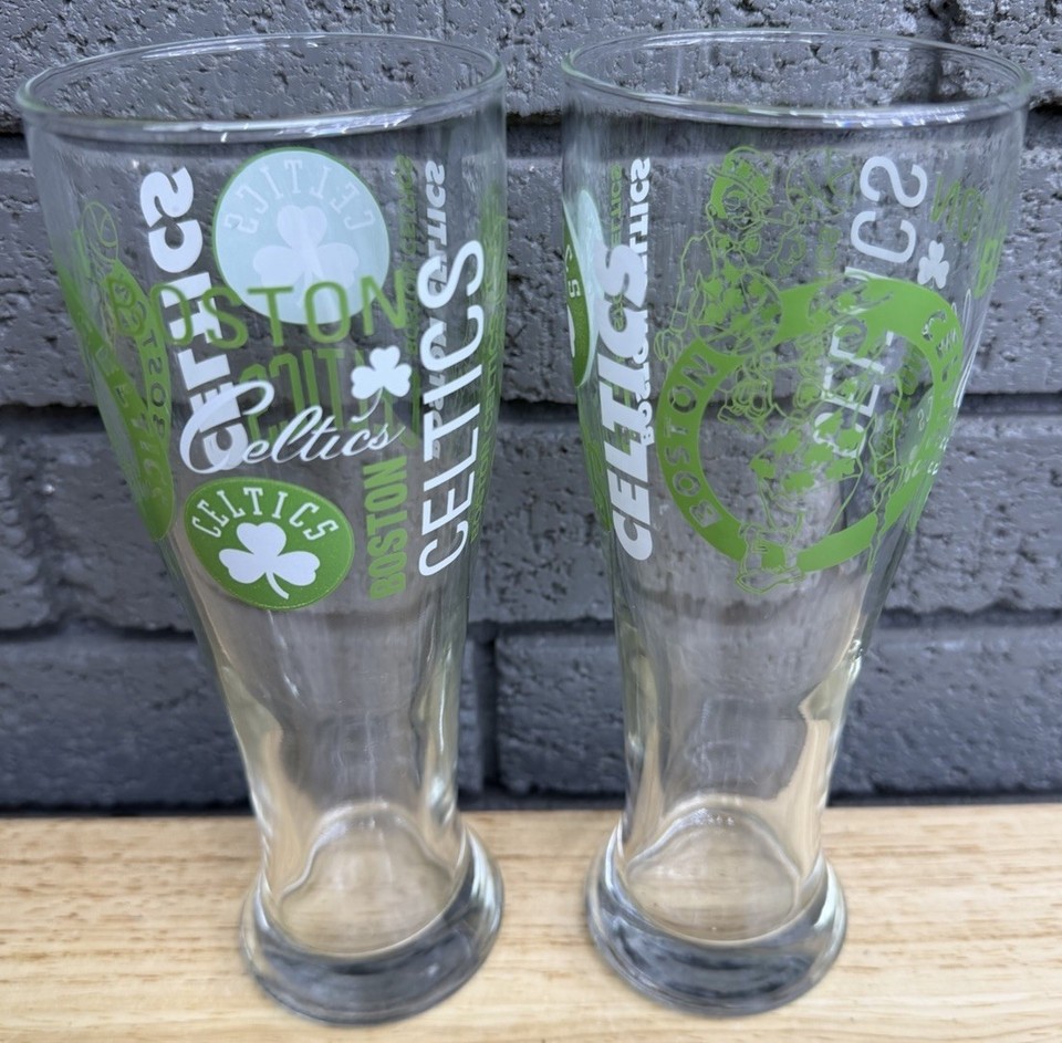 BOSTON CELTICS NBA Basketball Clear with Green Logos Beer Pint Glasses ...