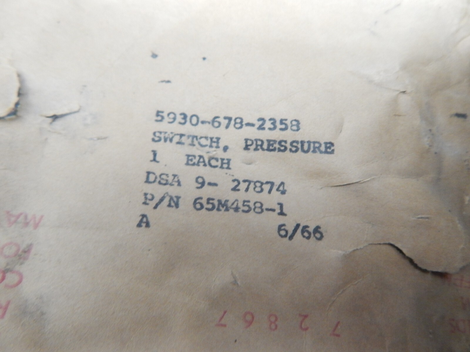 65M458-1 PRESSURE ACTIVATED SWITCH ADJUST RANGE 700-10,000PSI 5930-00 ...