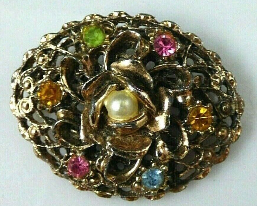 Flower Rhinestone Brooch Pin Rose Gold Tone Faux Pearl Swirl Layered ...