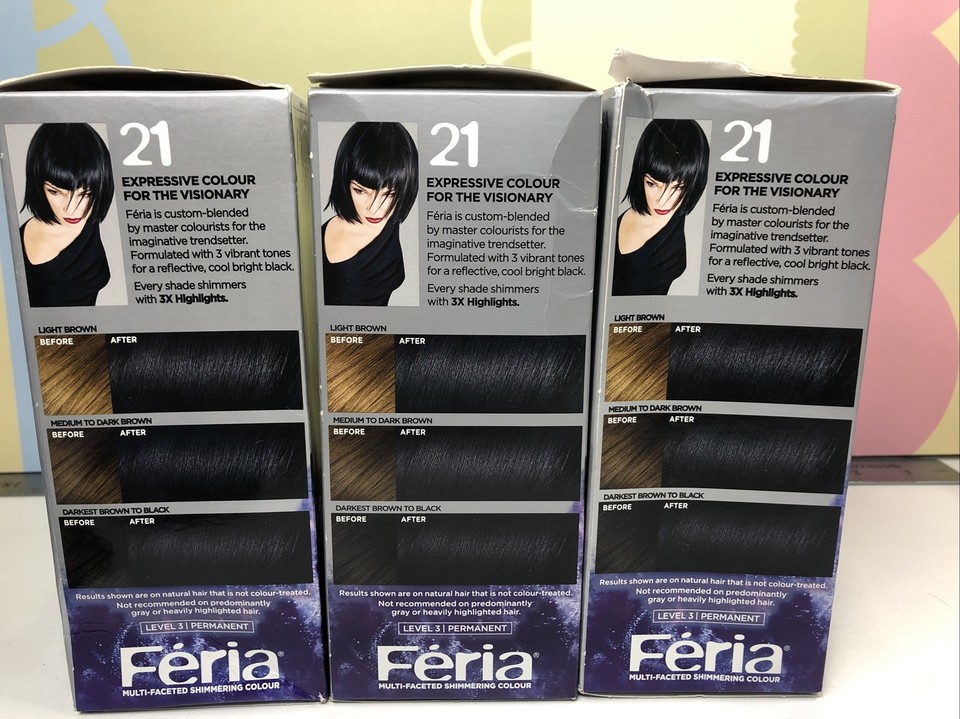 3 L'Oreal Paris Feria #21 STARRY NIGHT BRIGHT BLACK Permanent Color Gel ...