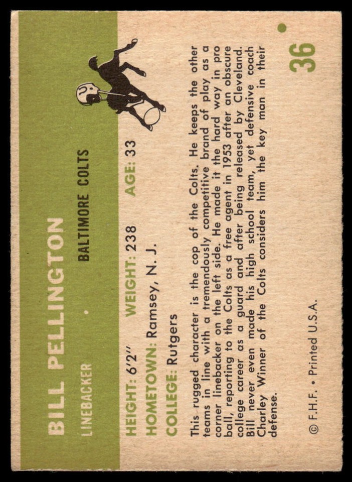 1961 Fleer Bill Pellington #36 Baltimore Colts Football Card | eBay
