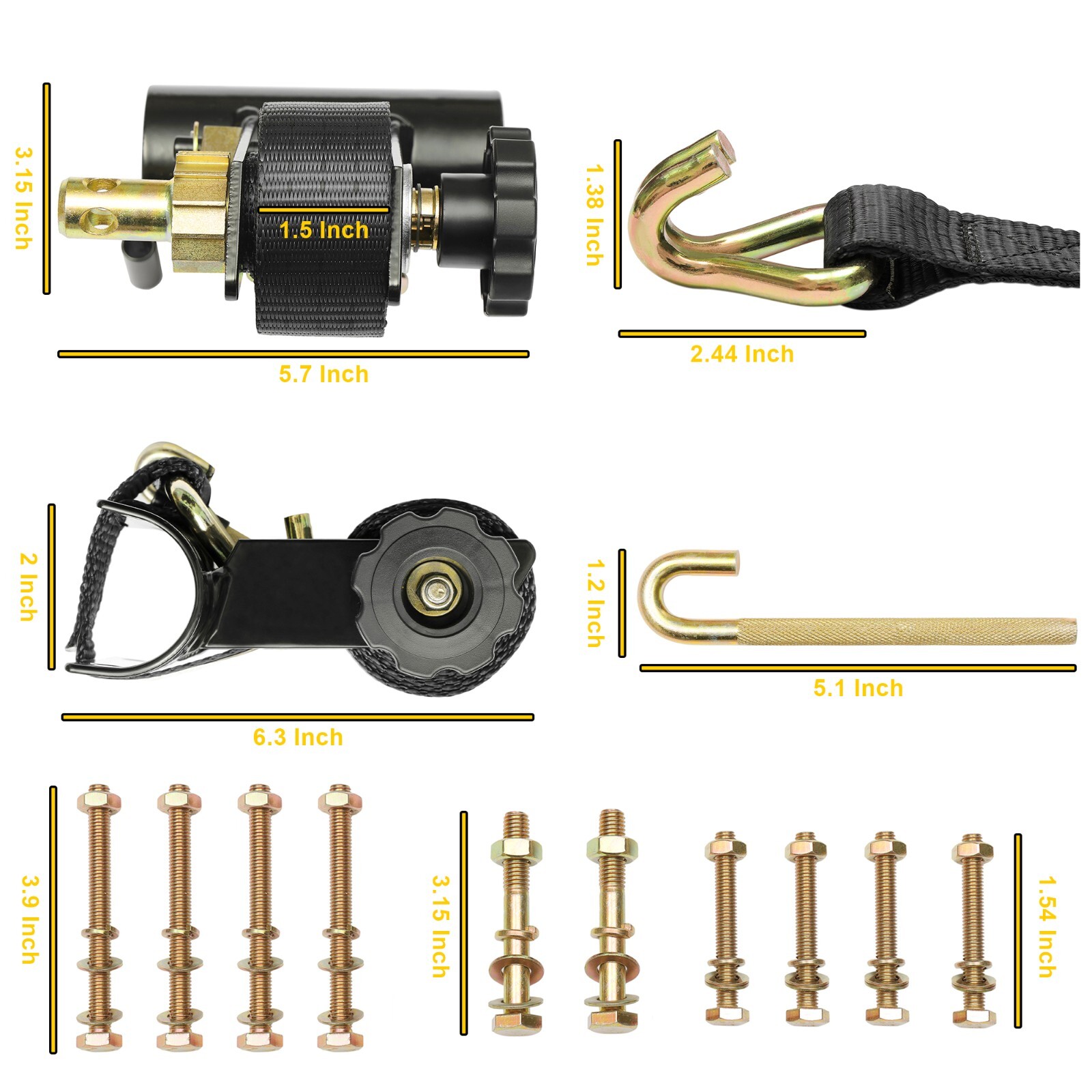 4x Ladder Rack Ratchet Straps w/ J-Hook 1.5"x7.5" Black Retractable ...