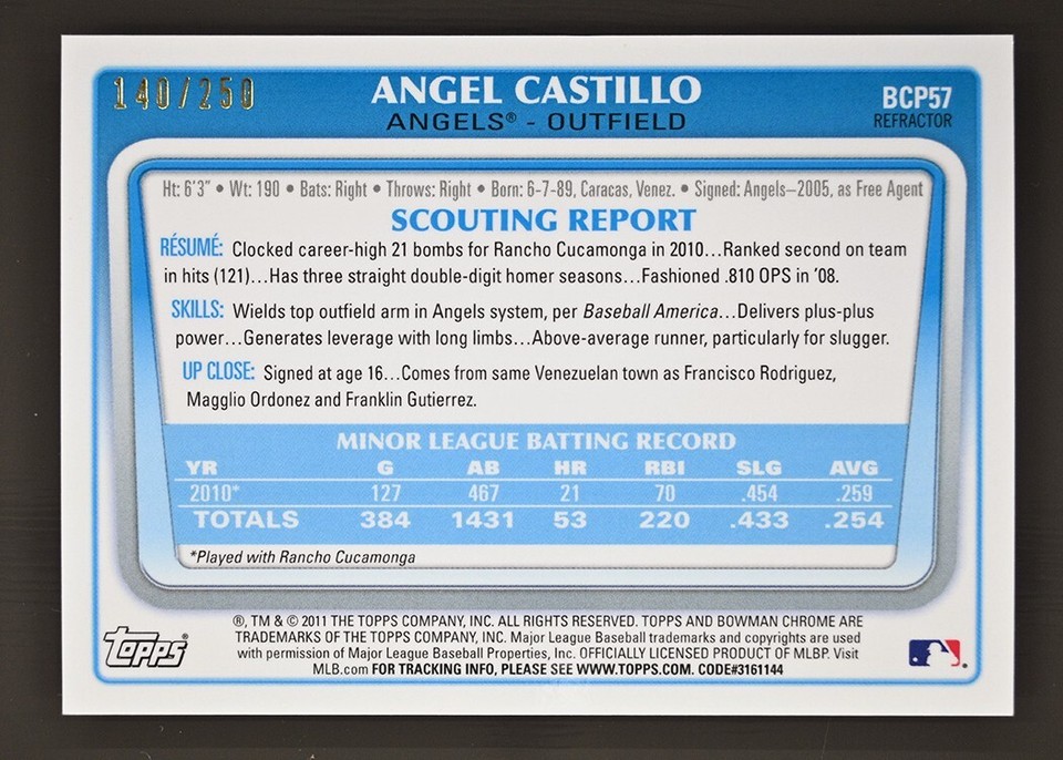 2011 Bowman Chrome #BCP57 Angel Castillo /250 Blue Refractor 1st Bowman ...