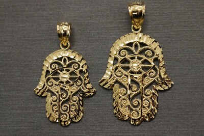 Real 10K Solid Yellow Gold Diamond Cut Hamsa Hand Fatima Charm Pendant ...