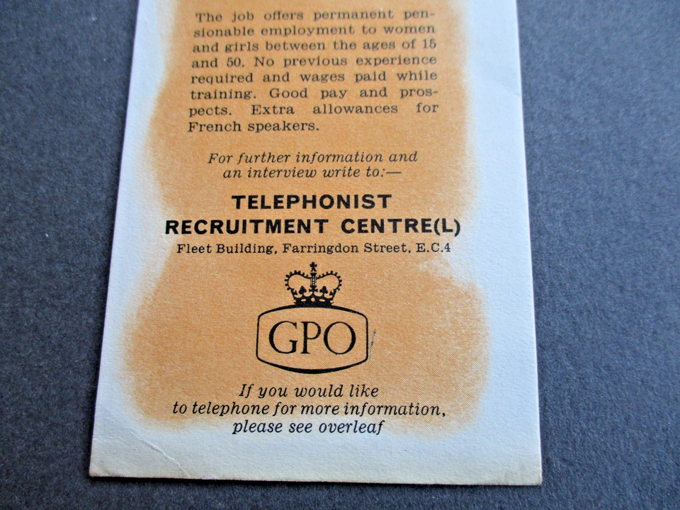 Vintage BOOKMARK GPO Why Not Become a Post Office Telephone Operator in ...