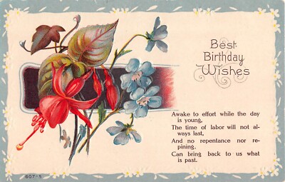 Blue Flowers & Leaves With Poem on Old Birthday Postcard - No. 607-5 | eBay