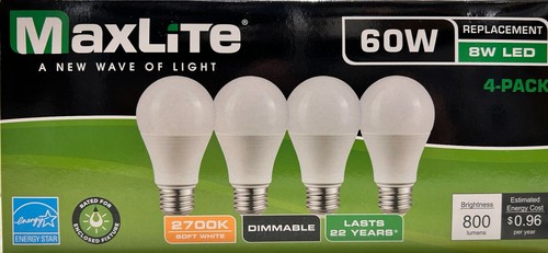 MaxLite Dimmable LED 8W Soft White 2700K A19 E26 60W Replacement Bulb ...