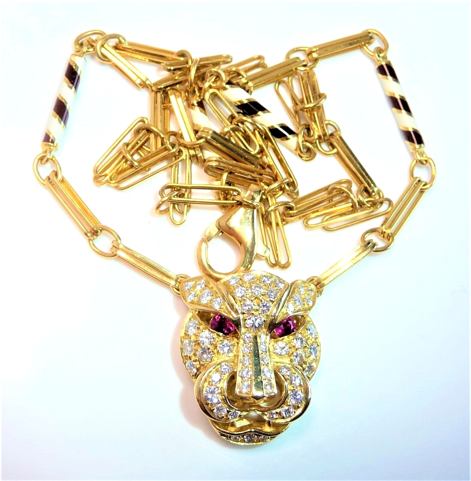 Panther Pendant Necklace 750 Gold Diamonds + Rubies 4… - Gem