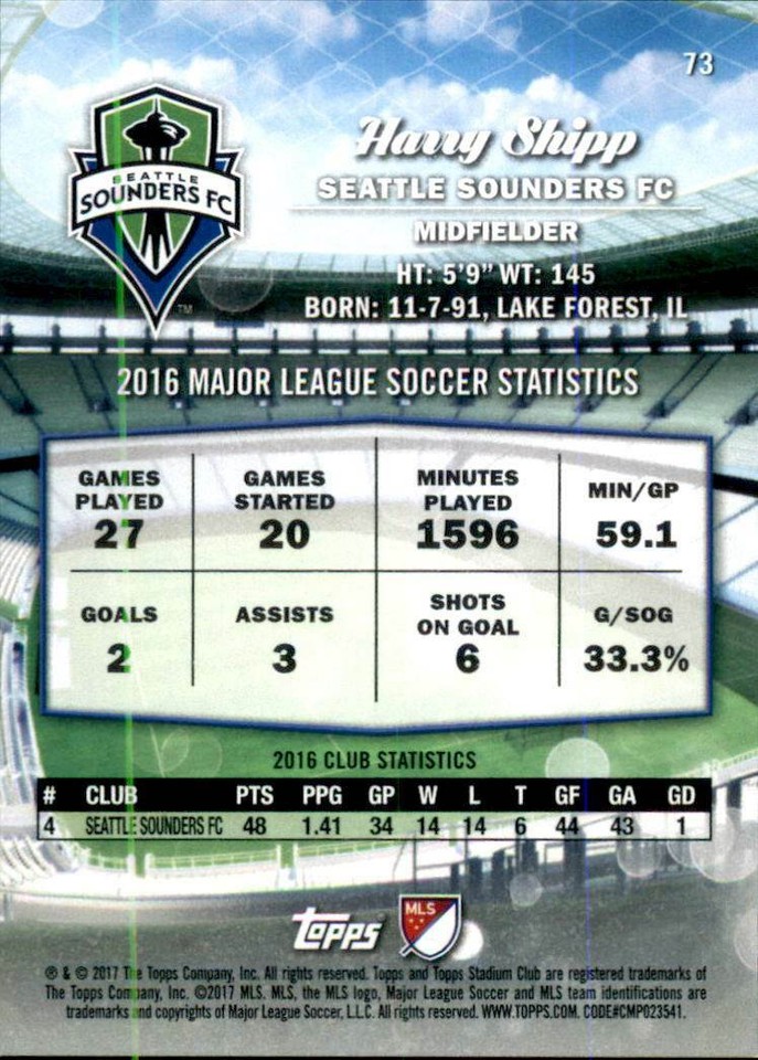2017 Topps Stadium Club MLS Base #73 Harry Shipp Seattle Sounders FC | eBay