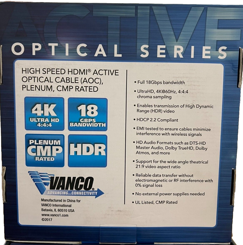 Vanco 200 Feet Optical Series Active High Speed HDMI Optical Cable, Plenum, CMP | eBay