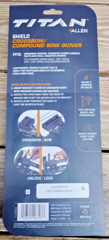 Titan Allen Shield Compound Bow & Crossbow Quiver Holds 4 Arrows or ...