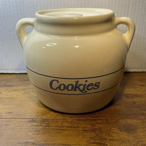 Vintage Cookie Jar Cookies Crock Farmhouse Retro EUC Cream Blue Lid ...