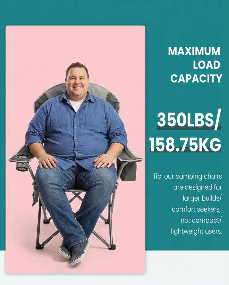 500 lbs Heavy Duty Folding Camping Chair w/ Cup Holder & Cooler Bag ...
