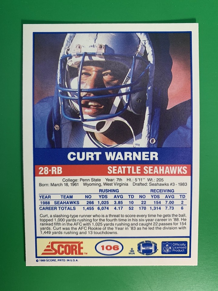 1989 Score Curt Warner #106 Seattle Seahawks | eBay