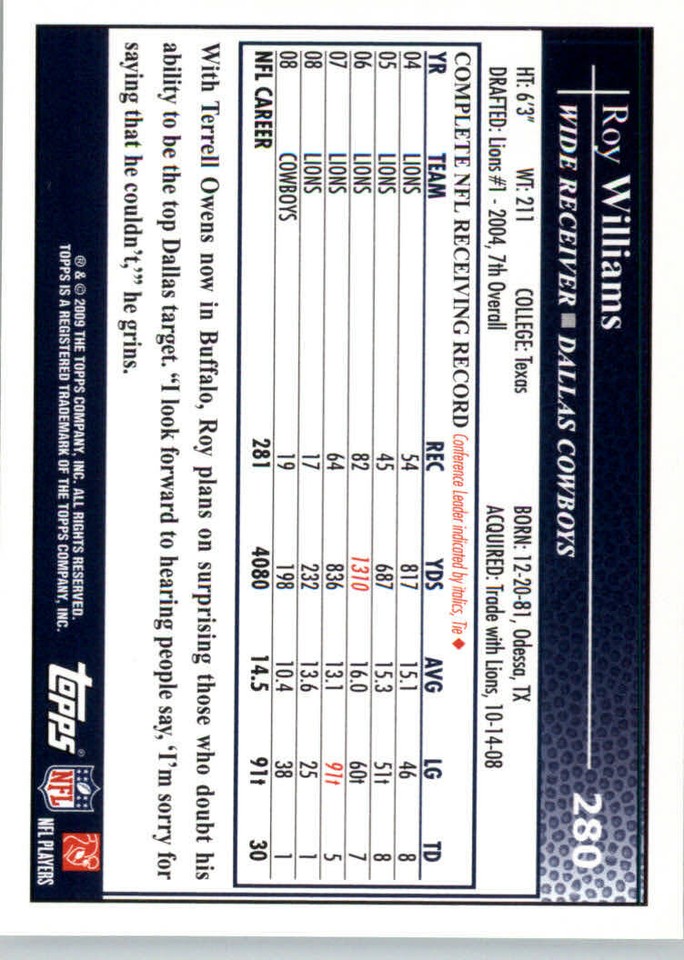 2009 Topps Football #280 Roy Williams - Dallas Cowboys | eBay