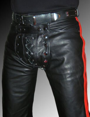 Genuine Cow leather trousers black, red /gay pants/Cod piece Lederhosen ...