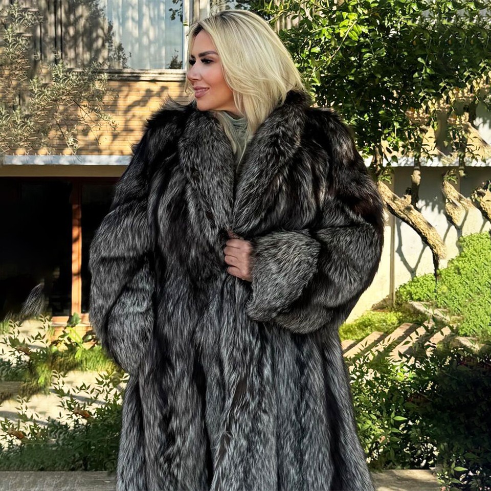 Women Fashion Long Outwear Full Skin Real Silver Fox Fur Coat Warm ...