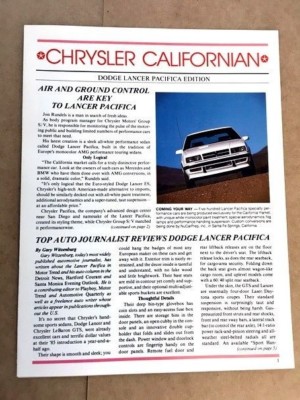 1986 Dodge Lancer Pacifica Edition Original Car Sales Brochure Folder ...