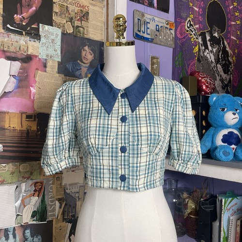 Cider Blue Plaid Puff Sleeve Cropped Blouse | eBay
