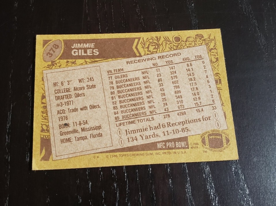 1986 Topps Football Jimmie Giles #378 Tampa Bay Buccaneers | eBay