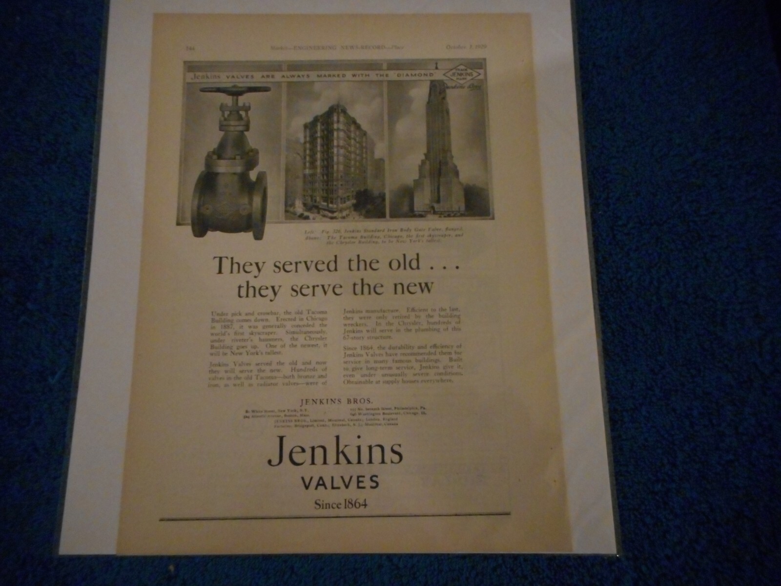 1929 Jenkins Valves Print Advertisement: Tacoma Bldg. Chicago; Chrysler ...