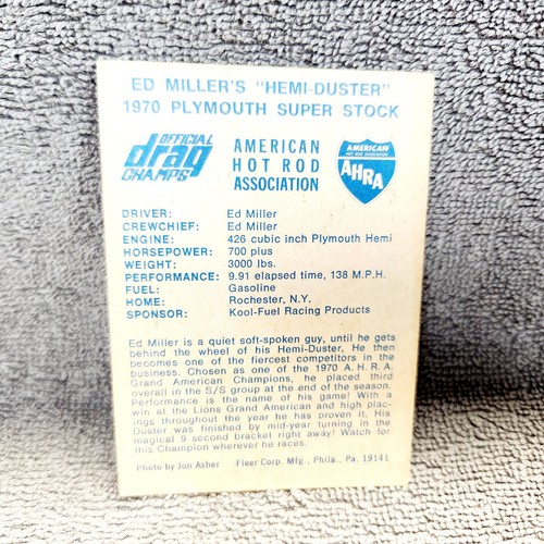 Vintage 1971 AHRA Drag Racing Card. Ed Miller's "Hemi-Duster". 1970 ...