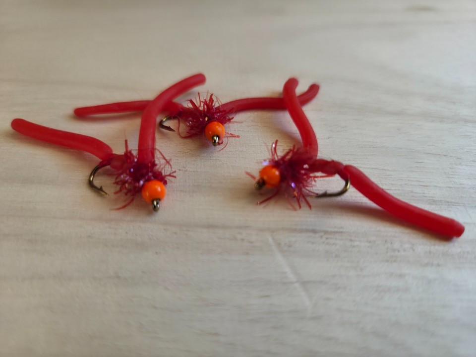 3 x Red Squirmy Worms Fly Fishing Wet Trout Flies, Size 10, Deadly Worm ...