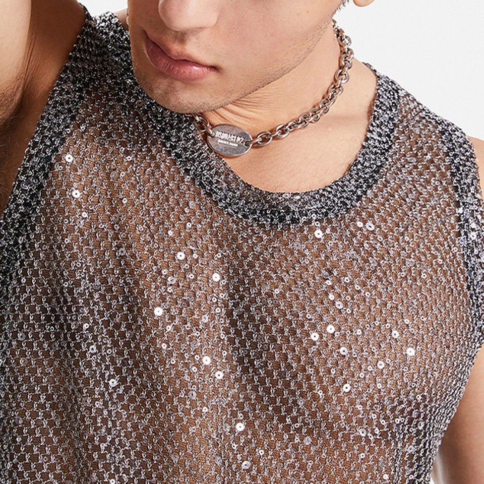 Sparkly Design Party Wear Clubwear Sexy See Through Vest Glitter Muscle ...