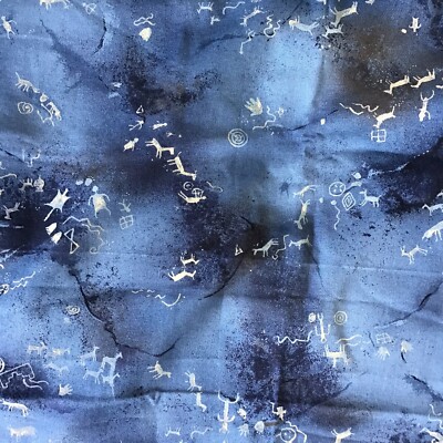 Archeological Native American cave Drawings Blue COTTON FABRIC Per Yard ...