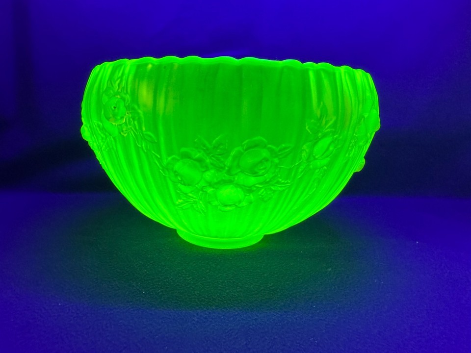 Uranium Glass Tiffin Large Bowl Cabbage Rose Vaseline Satin Vintage ...