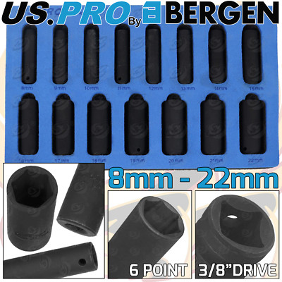 US PRO DEEP IMPACT SOCKET Set 3/8"Dr 15pc 8mm - 22mm 6pt Hex Long Reach ...