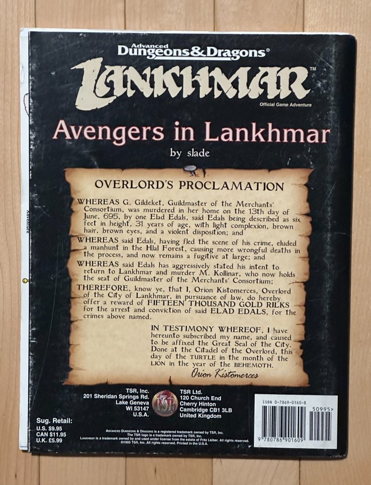 AD&D Lankhmar 9481 Avengers in Lankhmar TSR RPG VG W/map | eBay