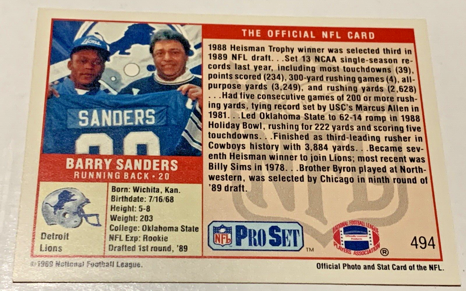 Barry Sanders 1989 Pro Set Prospect No. 1 Pick RC Rookie Card #494 | eBay